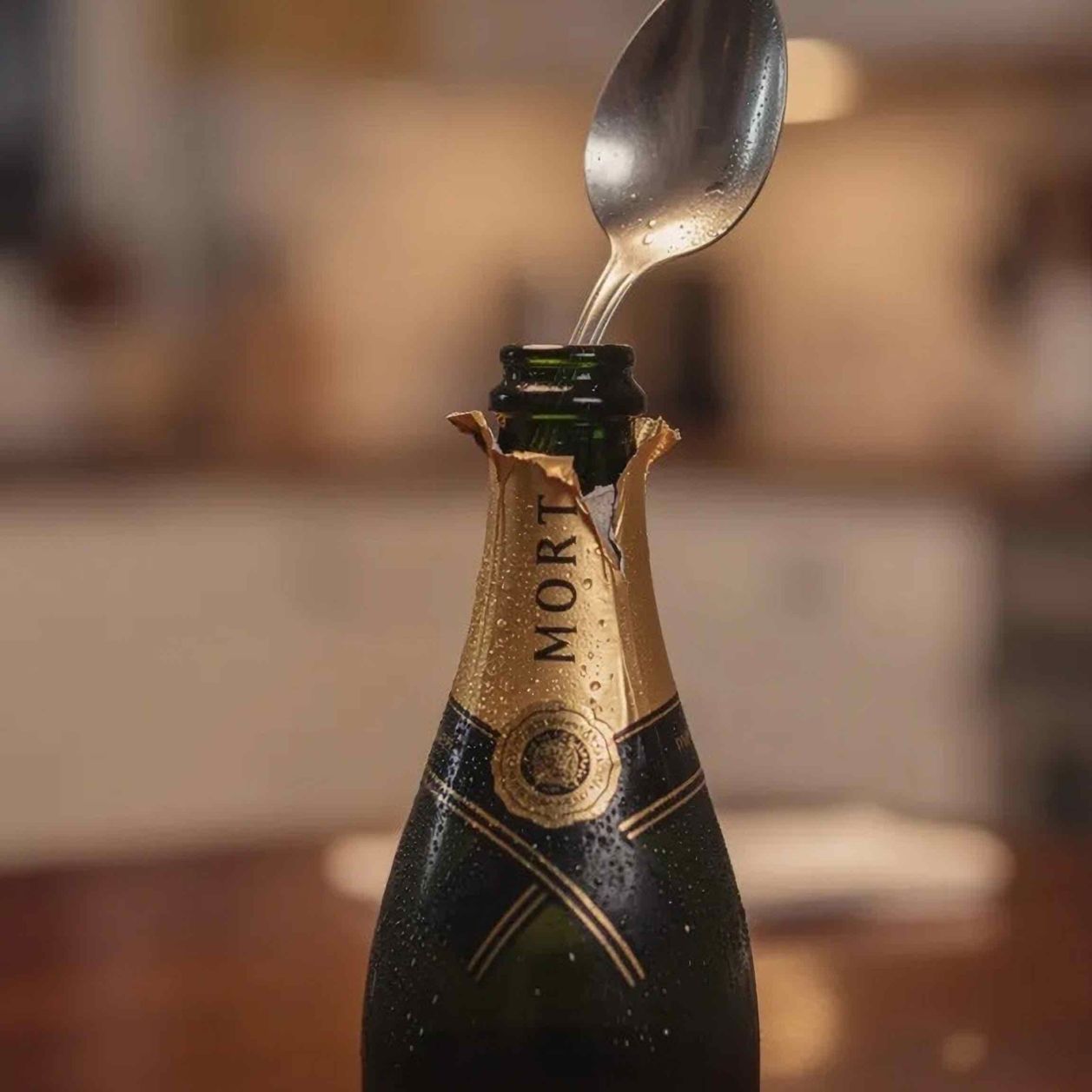 Bouteille de champagne entamée, pourquoi mettre une cuillère dedans ...