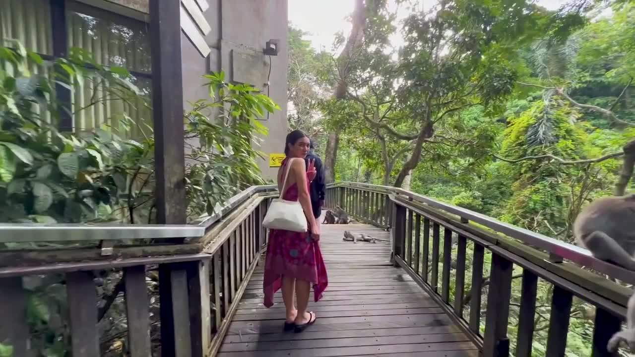 Wild monkey grabs woman's skirt and refuses to let go