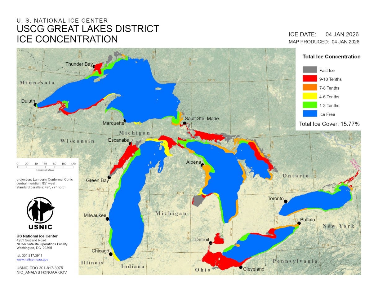 Great Lakes ice coverage increases sharply. Where ice is thickest now