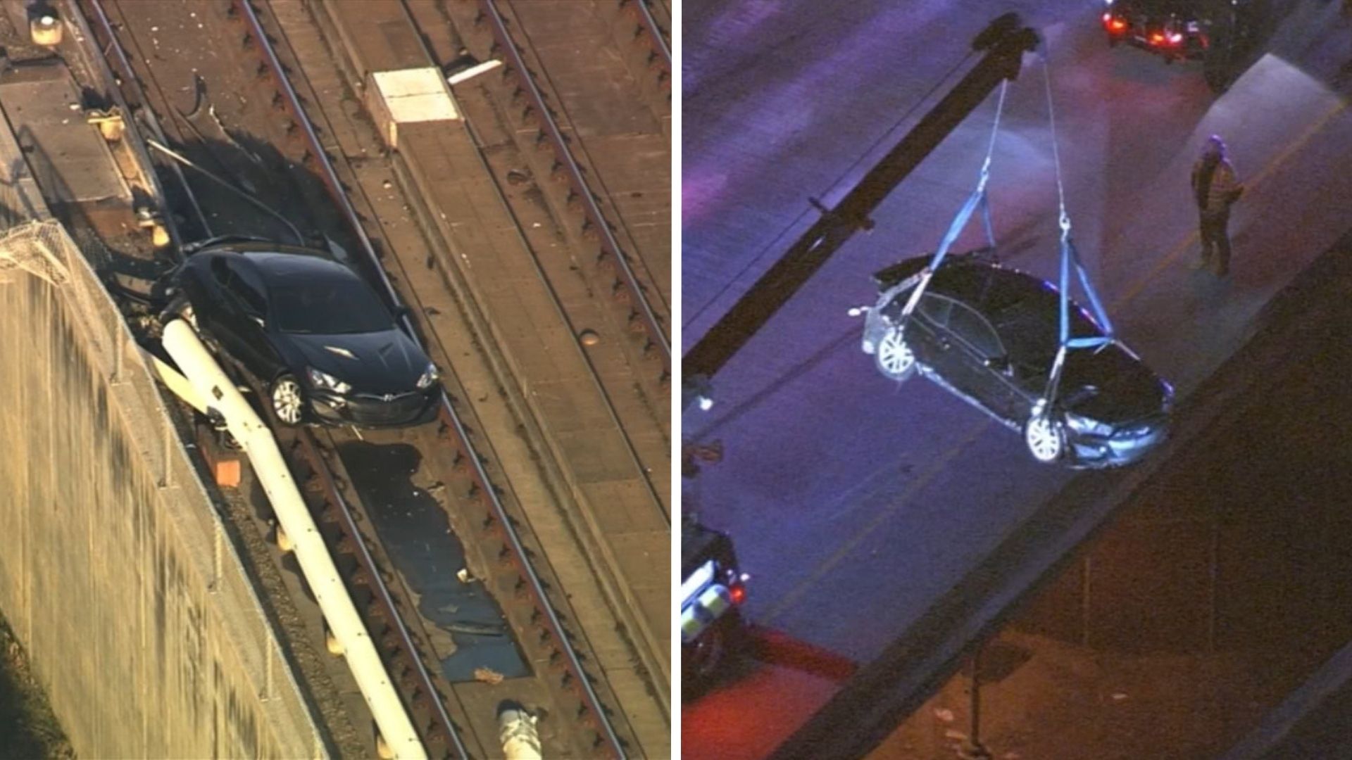 Car thrown onto train tracks after tow truck crash