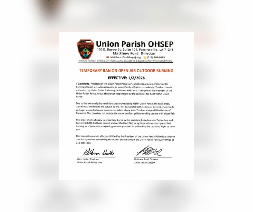 Union Parish under temporary open-air outdoor burn ban