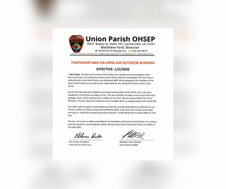 Union Parish under temporary open-air outdoor burn ban