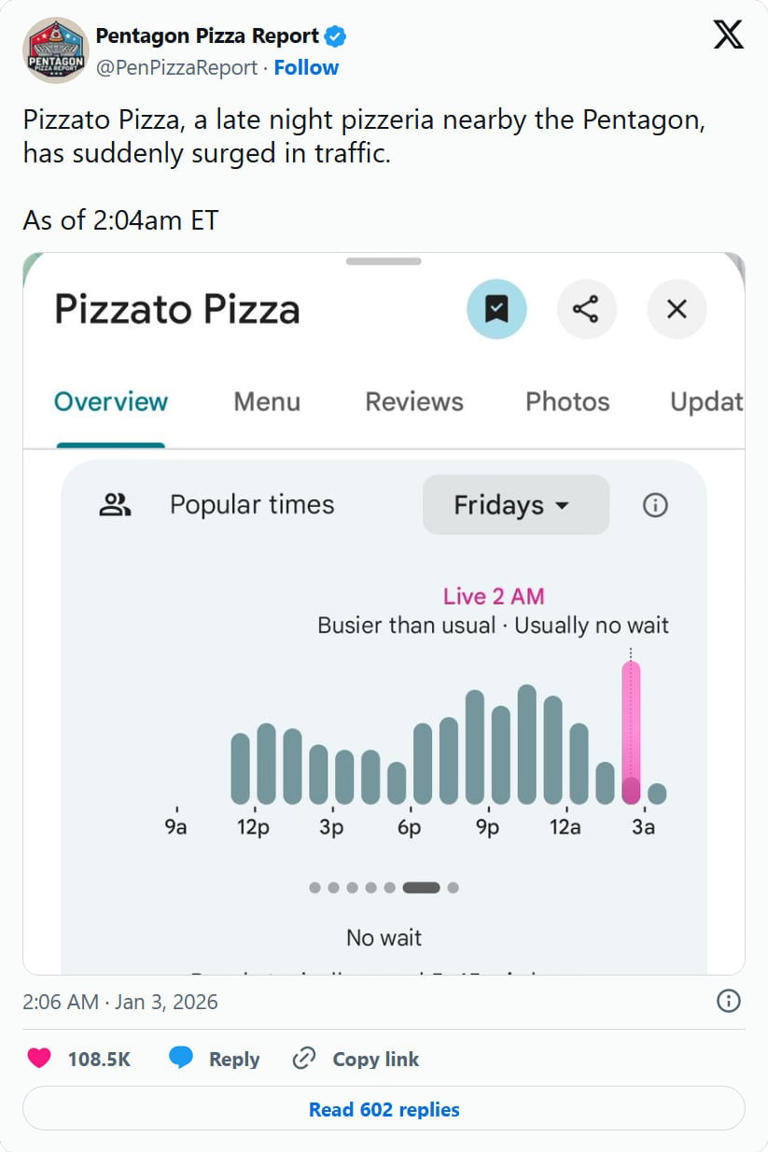 Pentagon pizzeria delivers 300 pizzas ahead of Venezuela strike