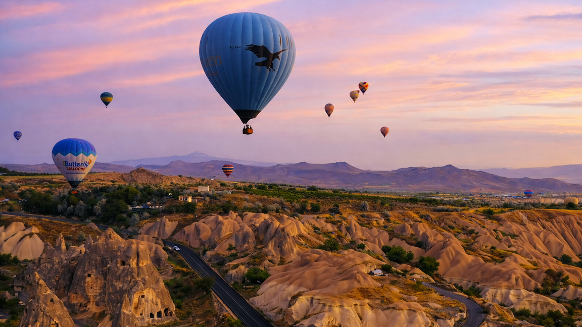 Hot air balloons over rocky landscape