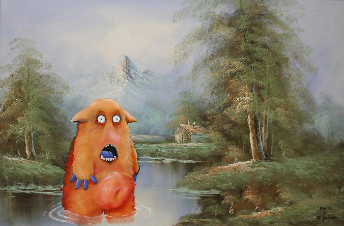 29 thrift shop paintings made interesting again with funny monsters by ...
