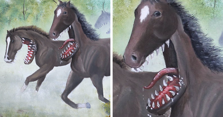 29 thrift shop paintings made interesting again with funny monsters by ...