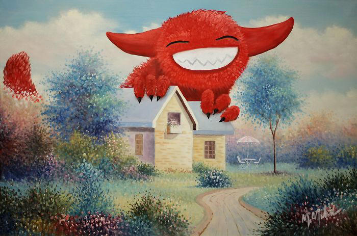 29 thrift shop paintings made interesting again with funny monsters by ...