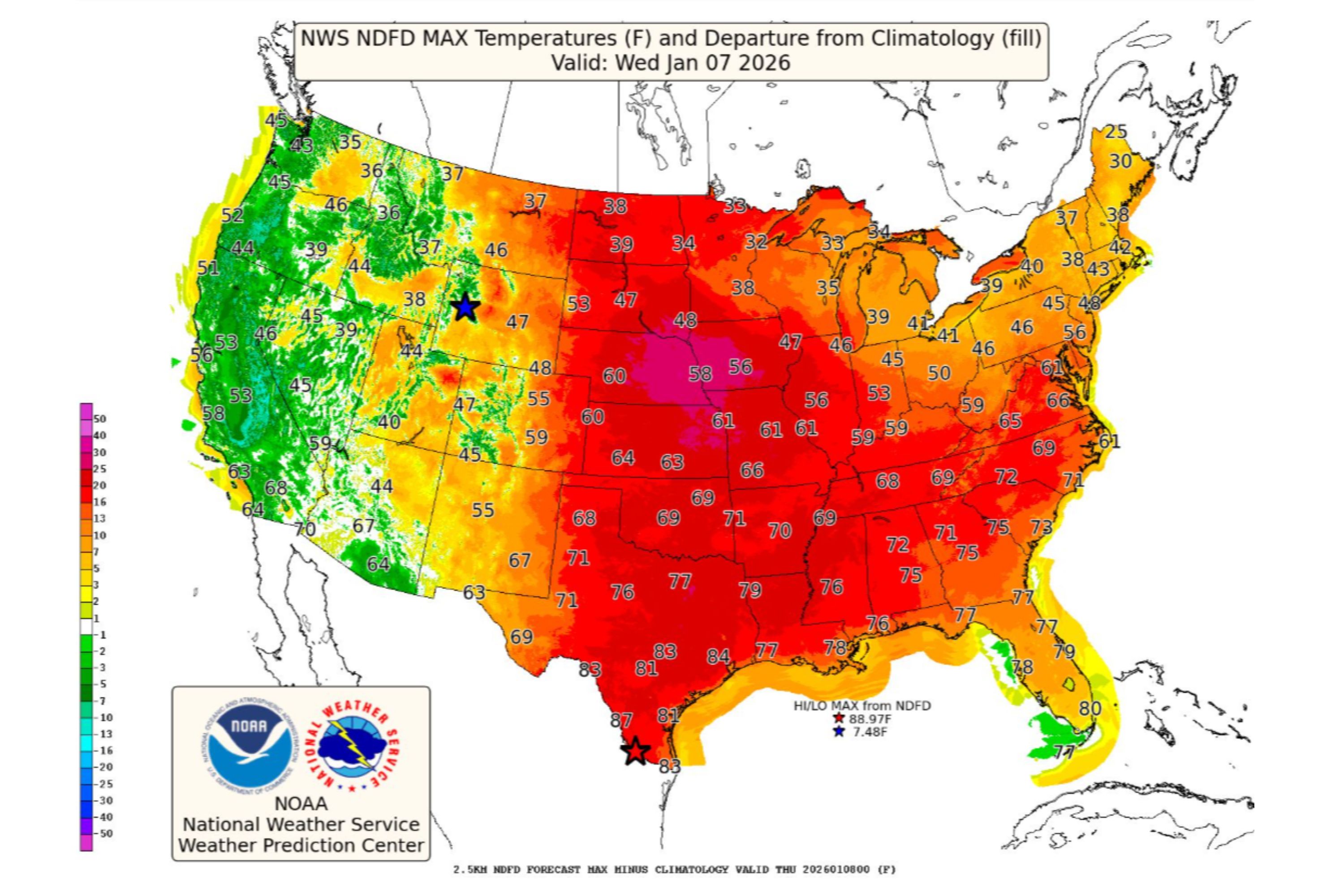 Maps show states facing well above average temperatures
