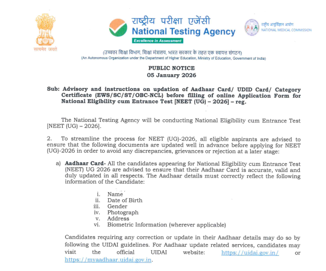 NEET UG 2026: NTA issues document advisory ahead of registrations ...