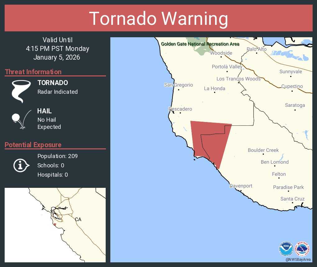 Monday tornado warning expired for parts of Santa Cruz County