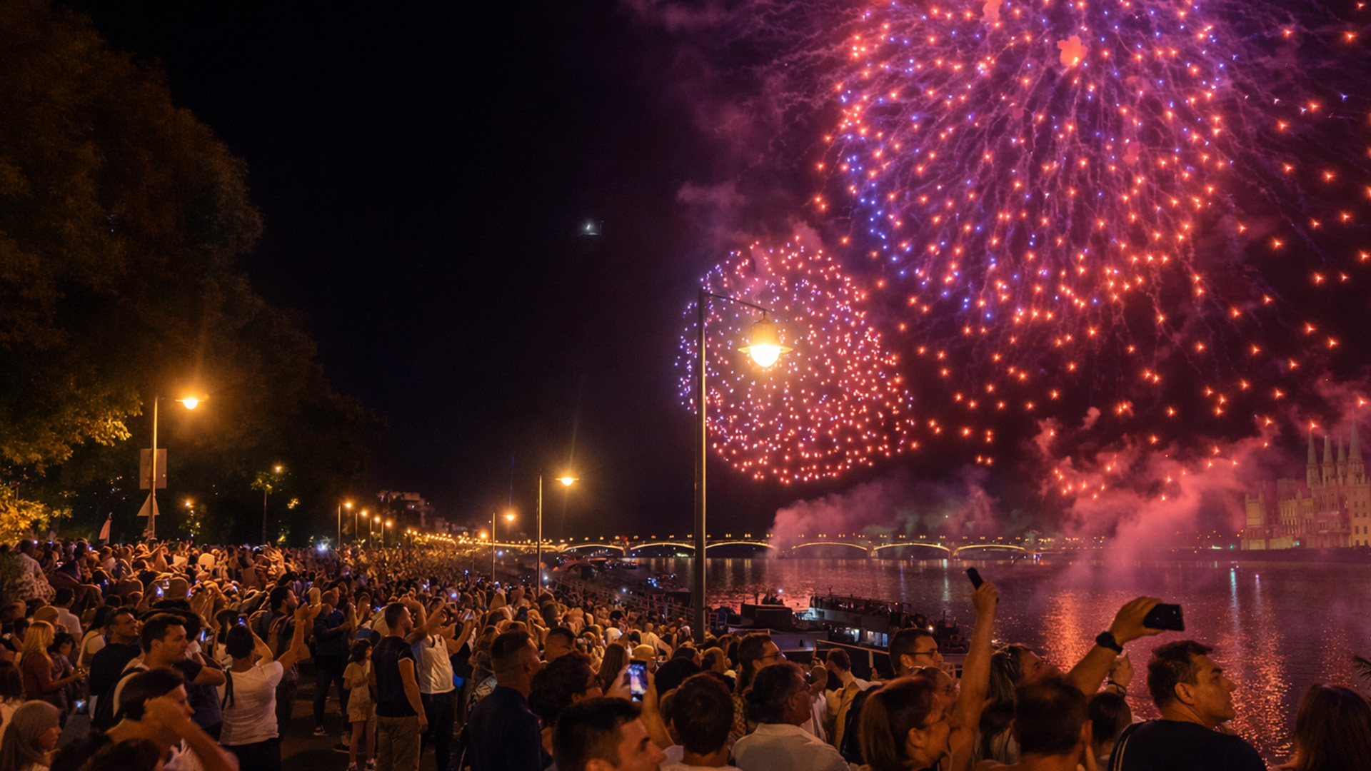Budapest night fireworks over the Danube