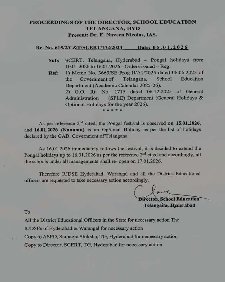 Telangana school closure: Sankranti 2026 holidays extended till this ...
