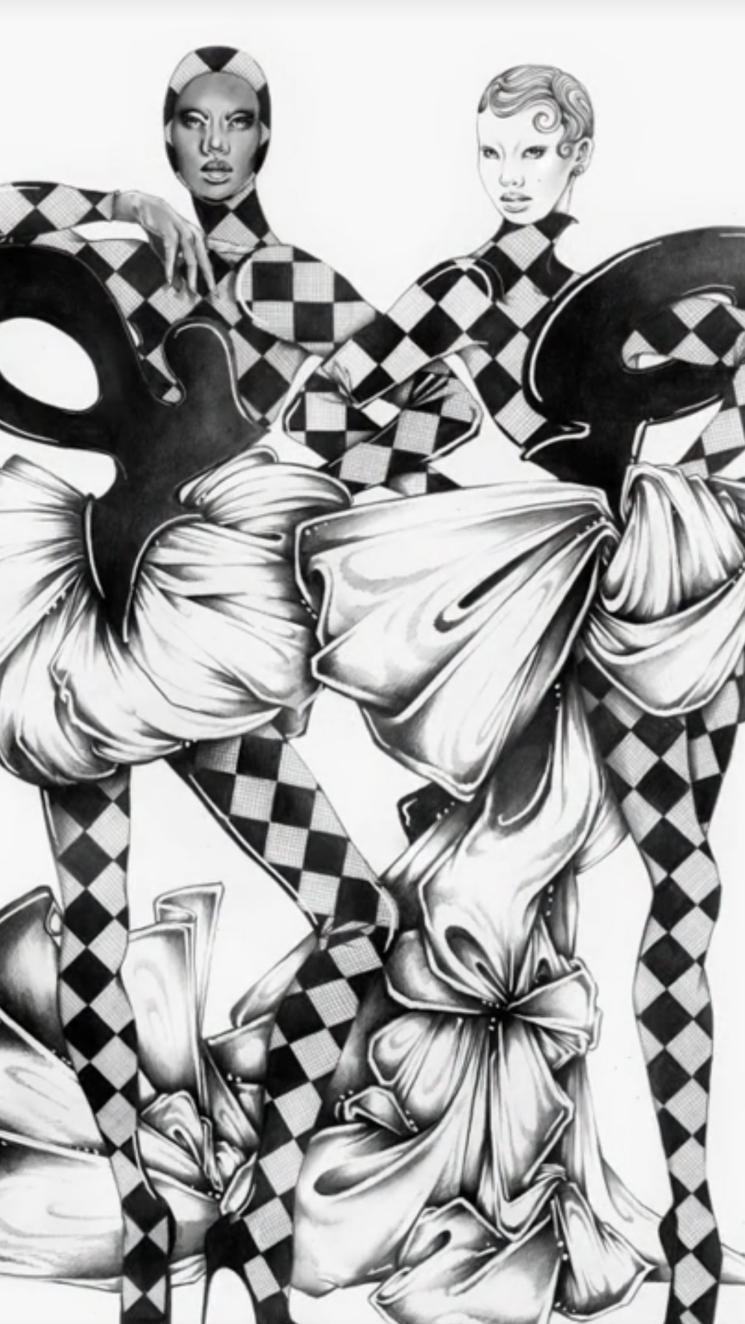 Graphite pencil fashion illustration: Harris Reed AW23 part one