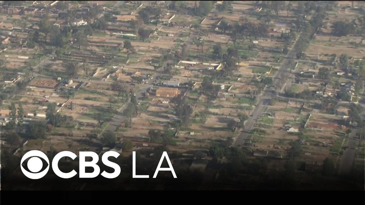 An aerial view of the rebuilding progress in the Eaton Fire burn scar