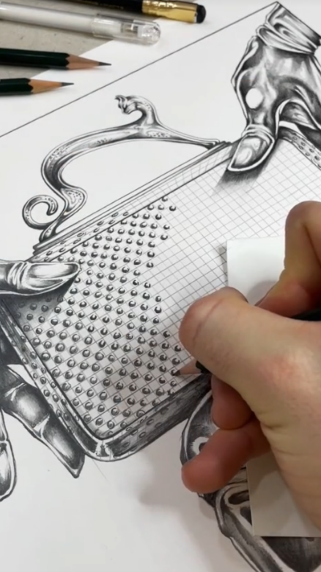 Graphite pencil process video: LANVIN rhinestone minaudiere look