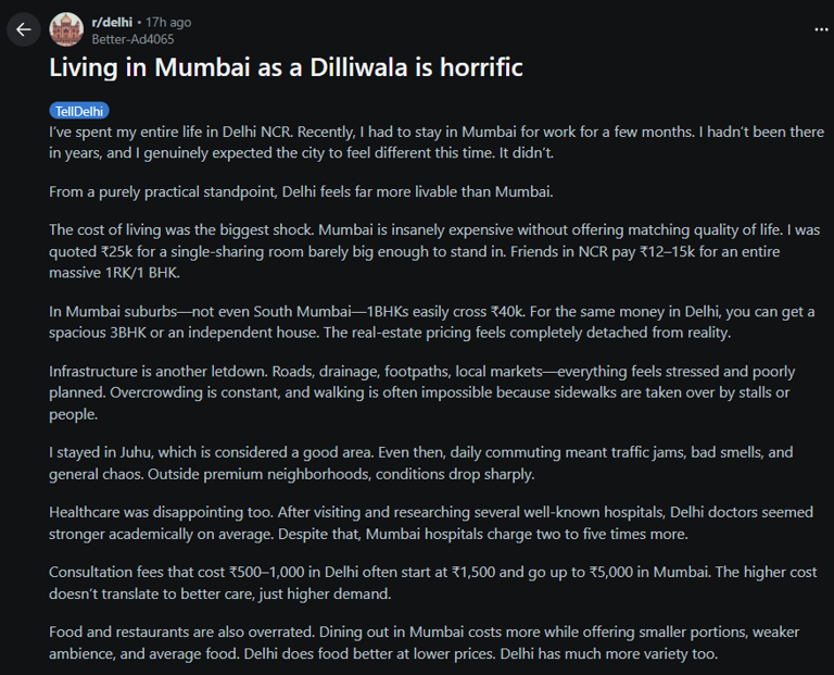 Delhi man's 'living in Mumbai is horrific' post favouring NCR leaves ...