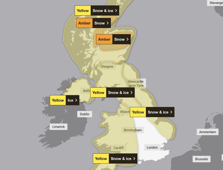 Met Office maps show new snow and ice warnings as UK schools close