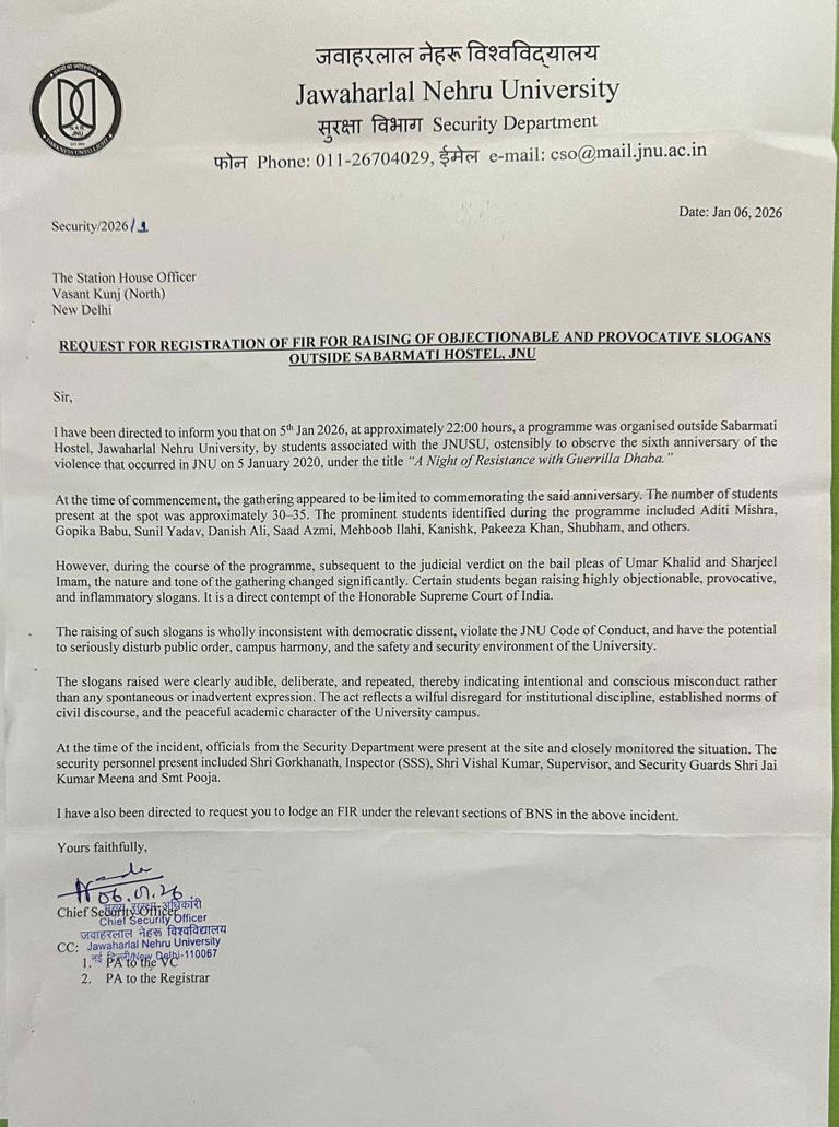JNU provocative sloganeering: Chief security officer writes to police ...