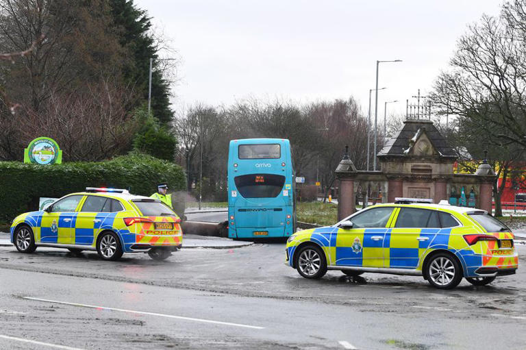 Bus takes out park landmark in early morning crash