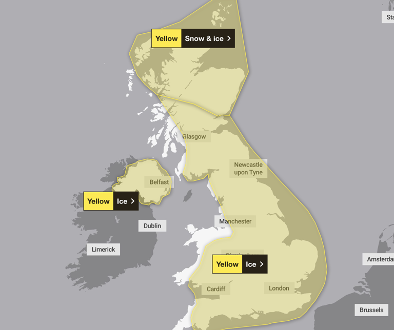 Met Office map shows snow and ice warnings covering UK as schools close