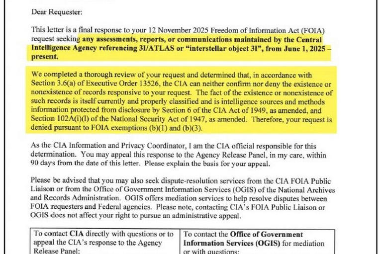 CIA won't deny it has 3I/Atlas records monitoring mystery suspected UFO