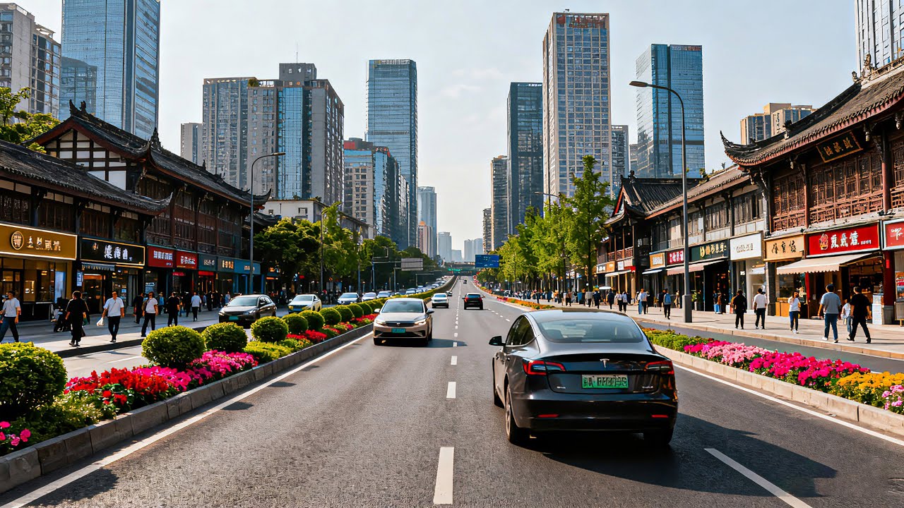 I passed through a futuristic city center at dusk