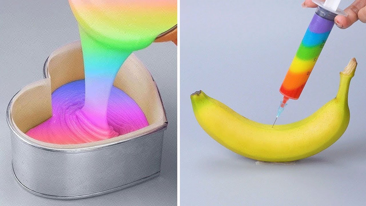 Rainbow batter pour and color injection dessert