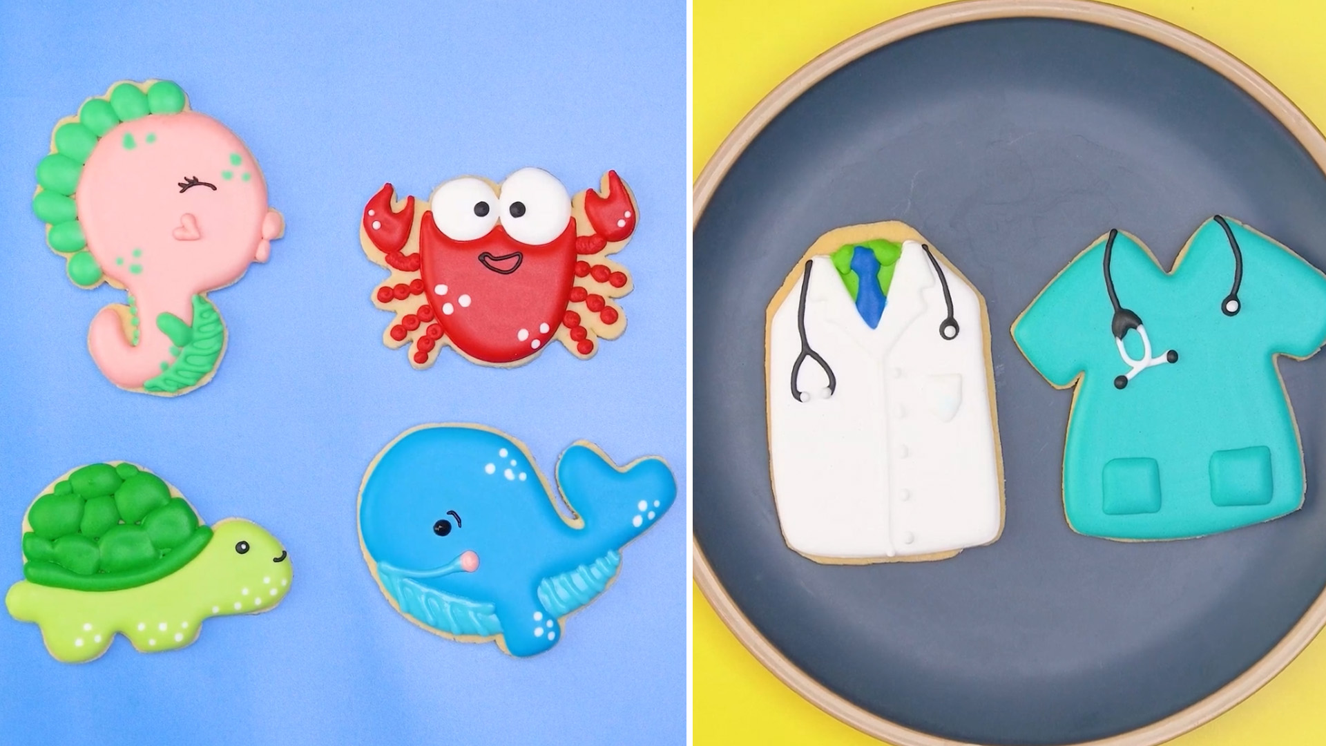 Decorating cute animal cookies and medical outfit cookies