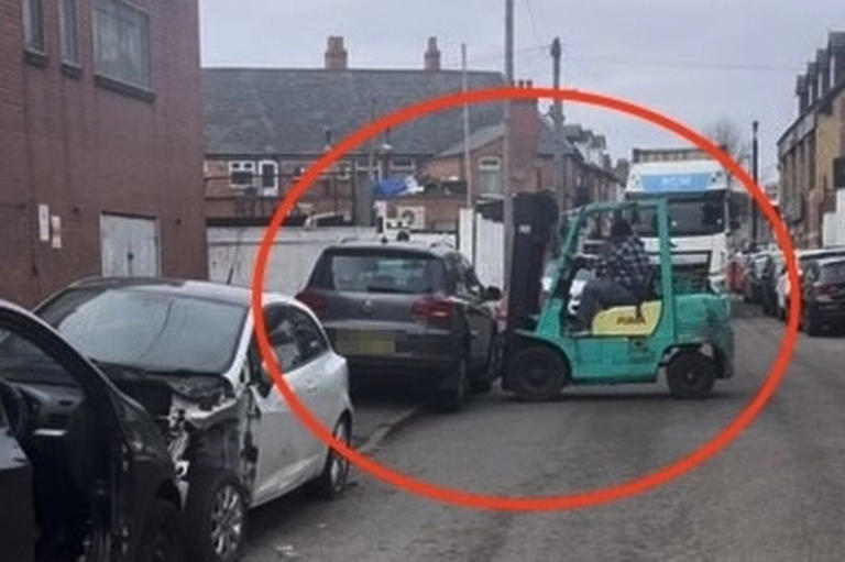 Watch fed-up forklift driver pick up badly parked car blocking lorry's path