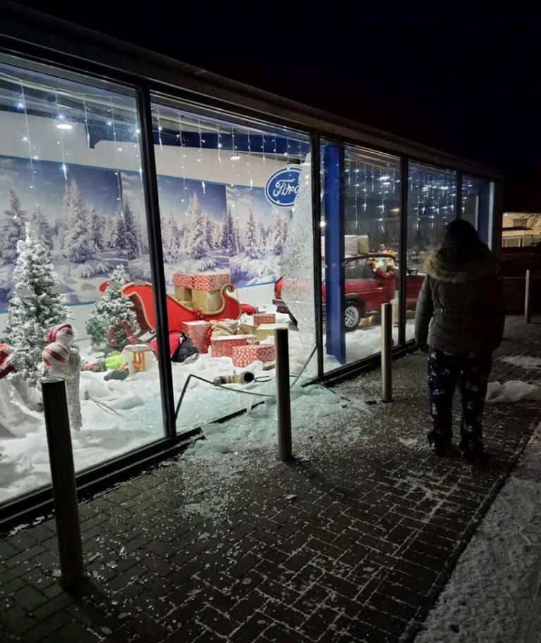 Moment thieves steal motorbikes from garage’s Grinch window display