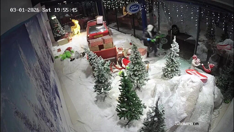 Moment thieves steal motorbikes from garage’s Grinch window display