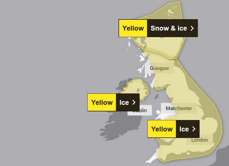 Met Office map shows snow and ice warnings covering UK as schools close