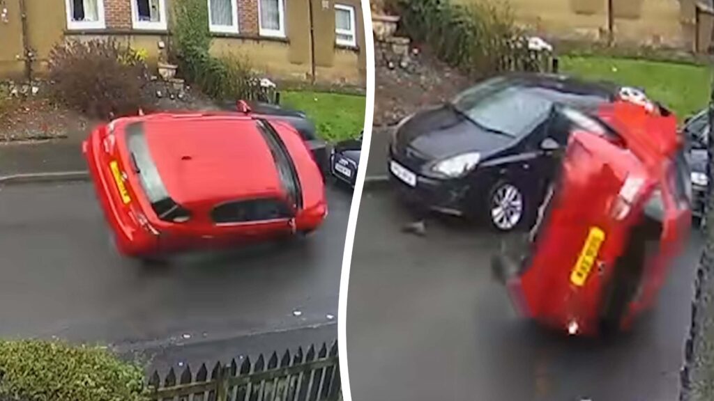 Driver walks away after car slams into parked vehicle and flips upside