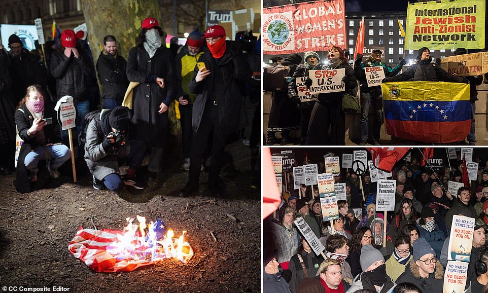 US flag burned outside Downing Street during Venezuela protest