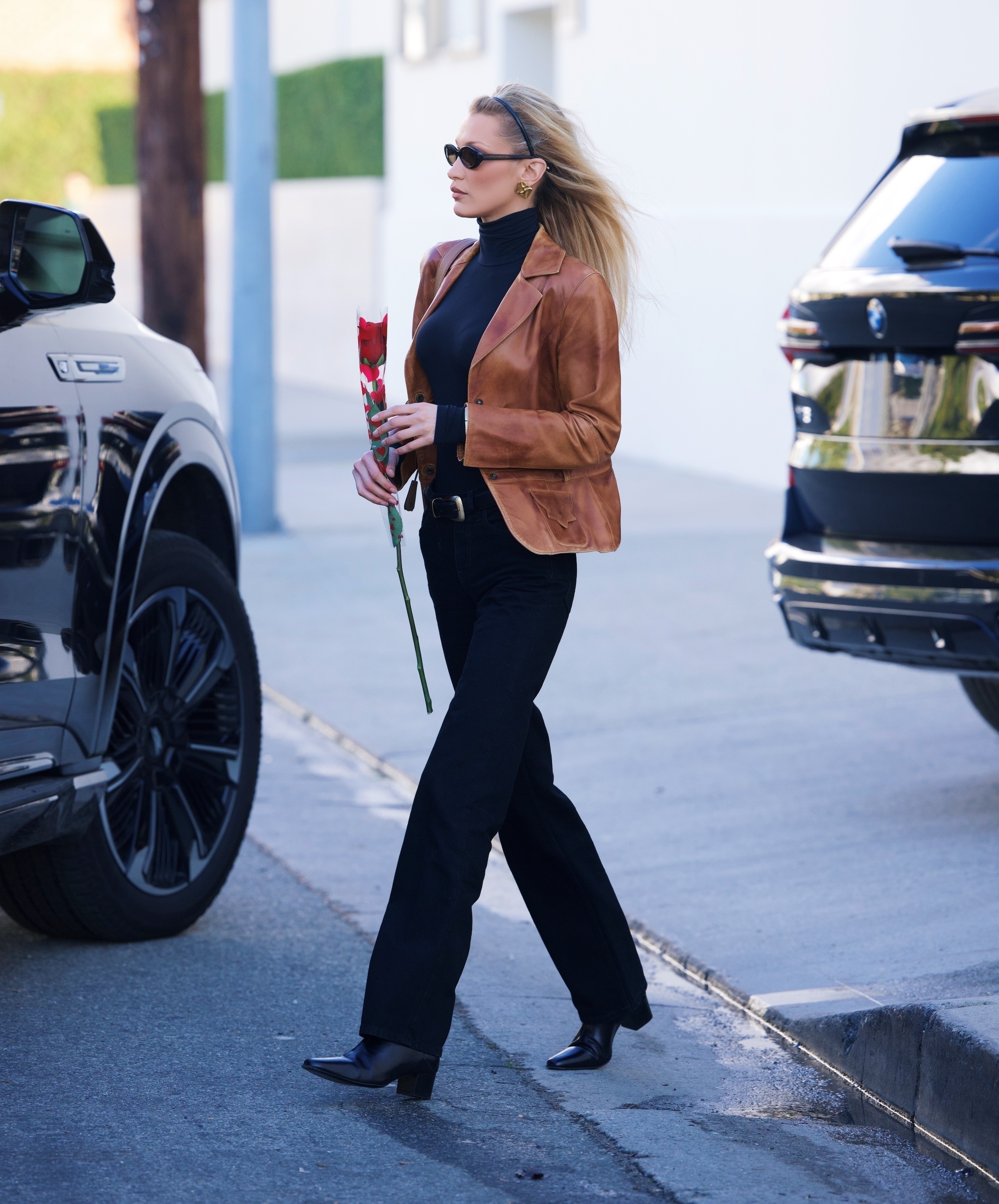 Bella Hadid welcomes back the leather blazer trend with a 2026 twist