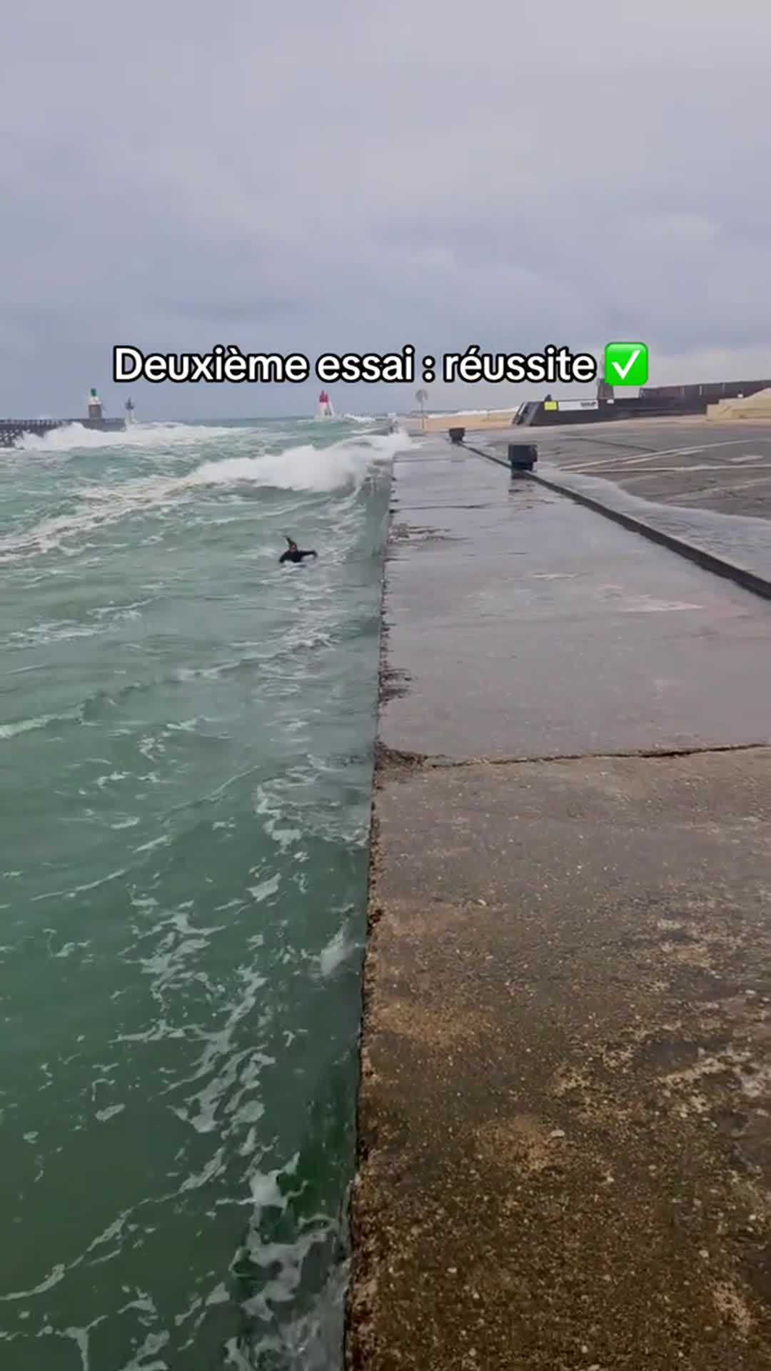 Stormy surfing adventure inside Capbreton Harbor channel