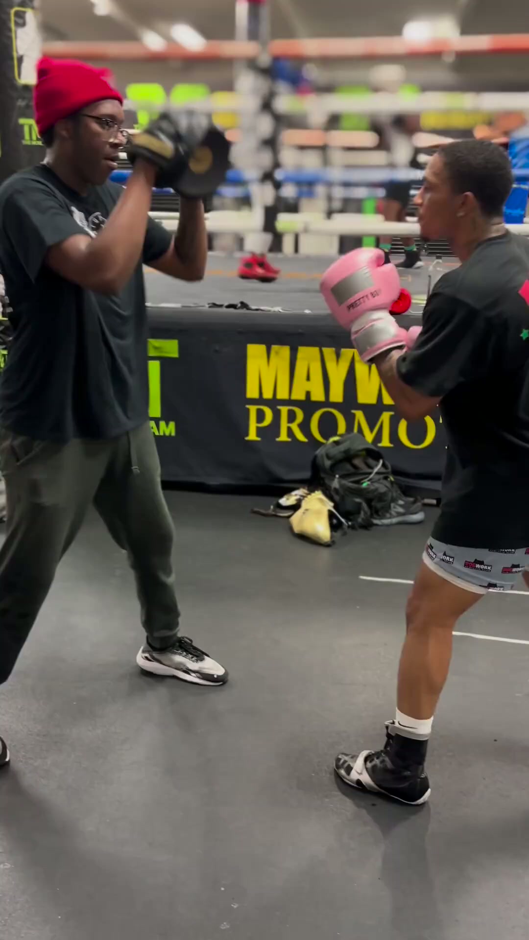 JHON INGRAM MAKING MUSIC DURING RAPID FIRE PAD DRILL AT MAYWEATHER GYM