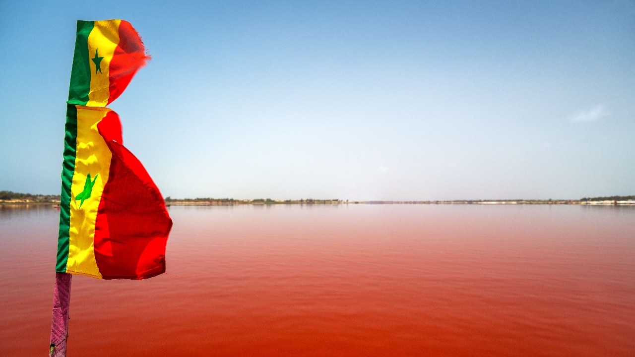 Which lake is pink and safe to swim in?