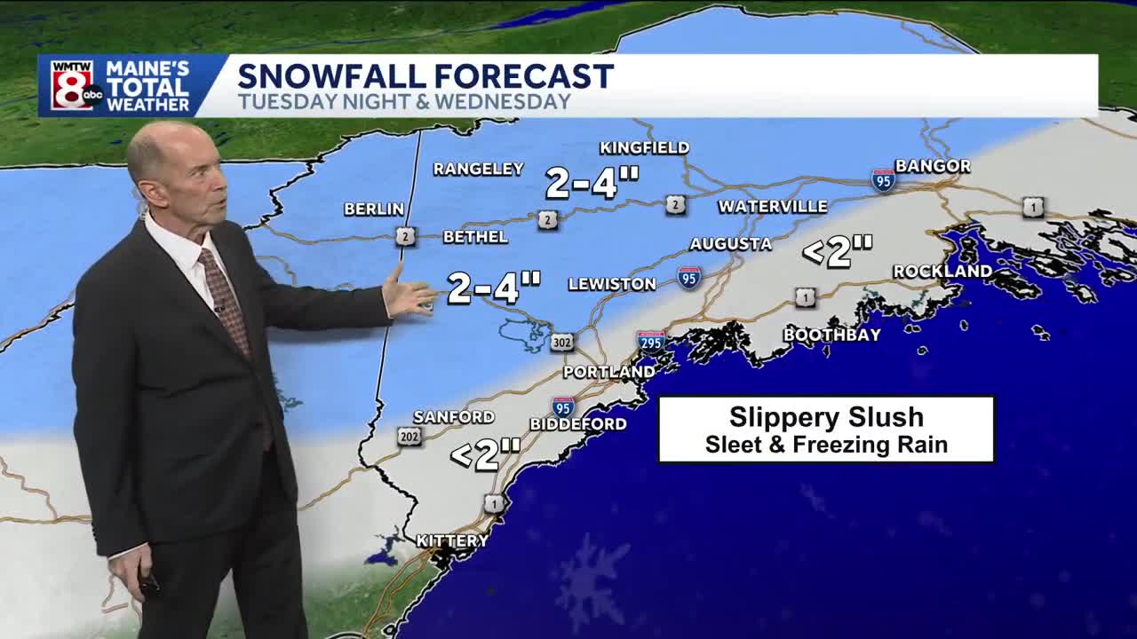 Another round of snow, with ice mixing in along the coast