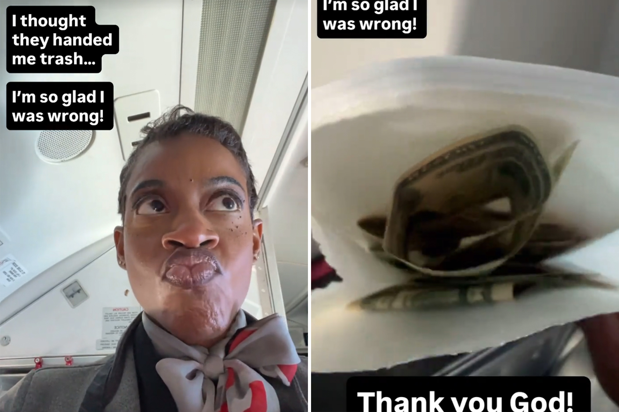 Flight attendant ‘blessed’ after receiving cashed-filled barf bag from ...