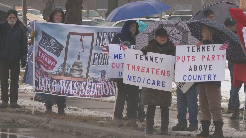 Protesters rally outside Rep. Tenney's office on Jan. 6 anniversary