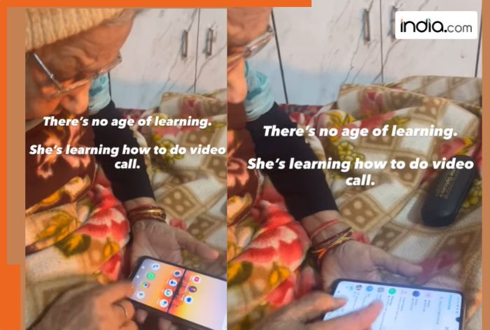 Grandmother learns to make video call from granddaughter; shaking hands ...