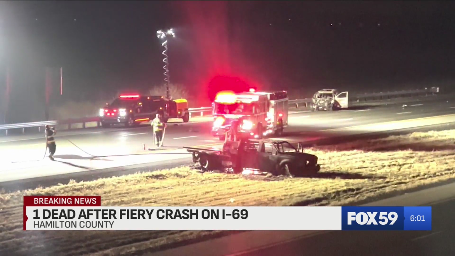 Person killed after crash, tanker explosion on I-69 in Hamilton County