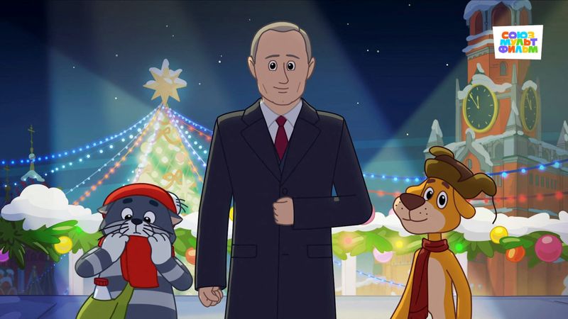 Putin meets talking cat and dog in popular Russian cartoon