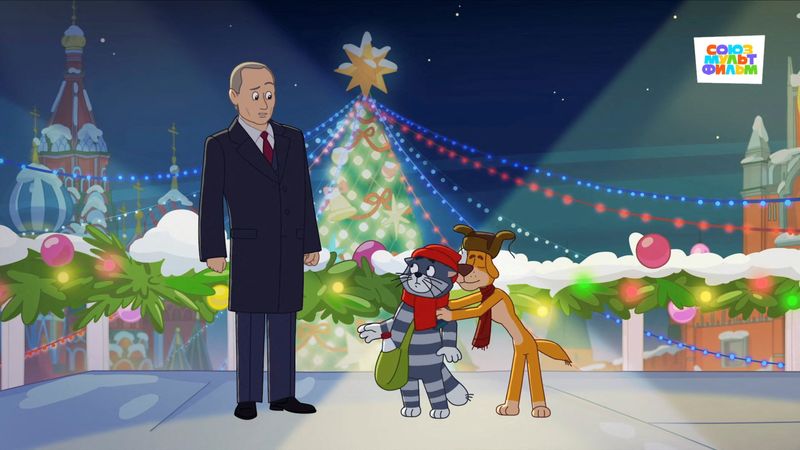 Putin meets talking cat and dog in popular Russian cartoon