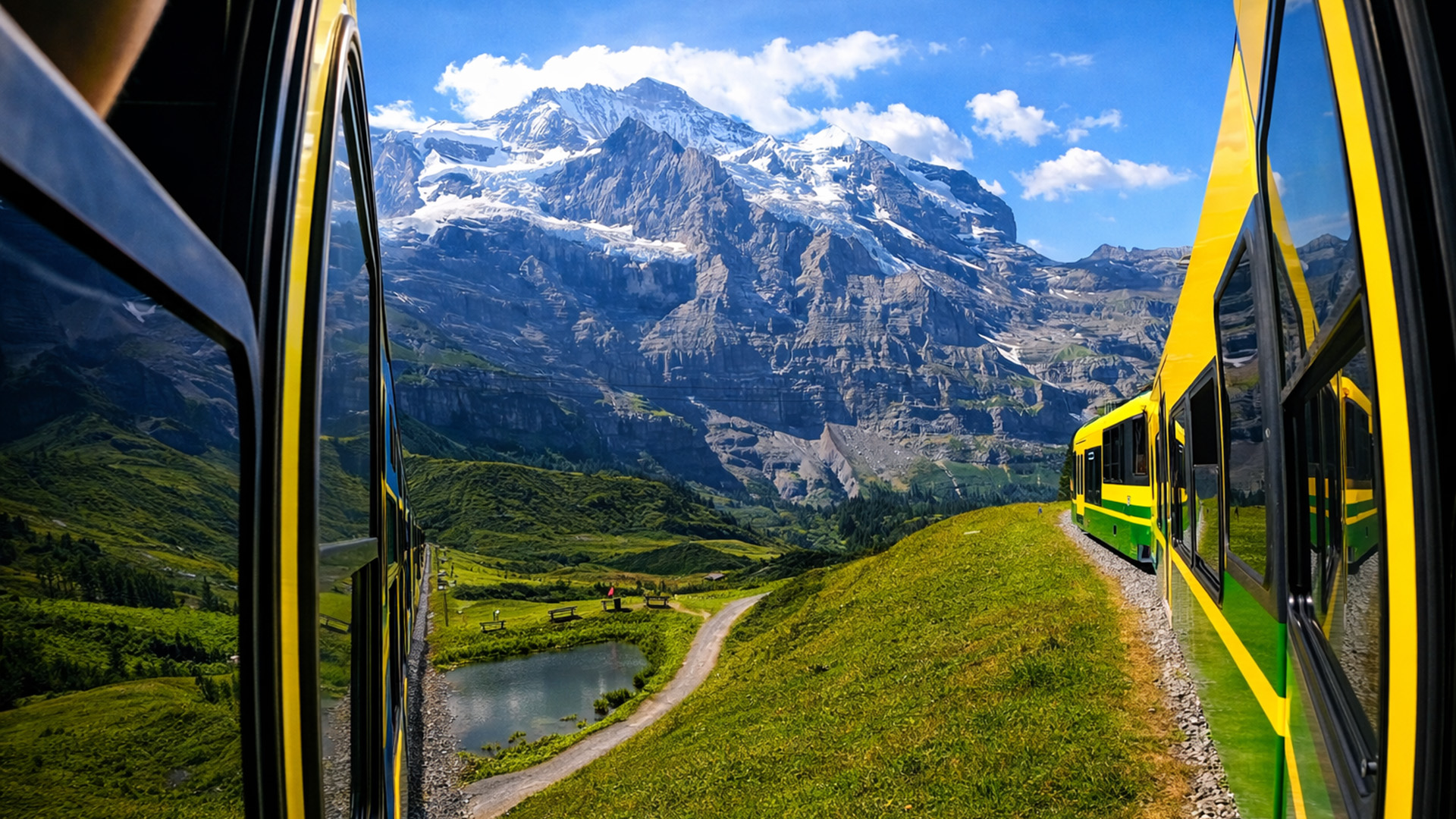 Scenic Swiss Alps train ride through Bernese Oberland (4K)