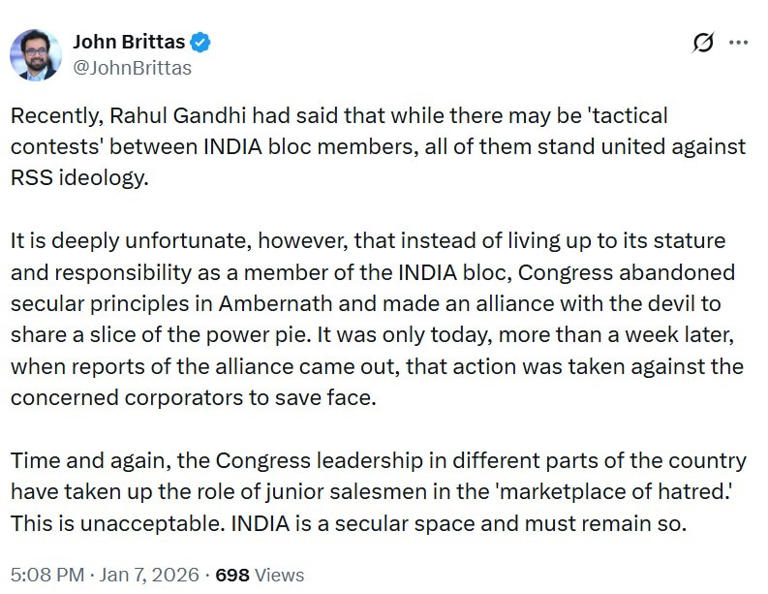 Congress aligned with devil: John Brittas's no-holds-barred attack on ...