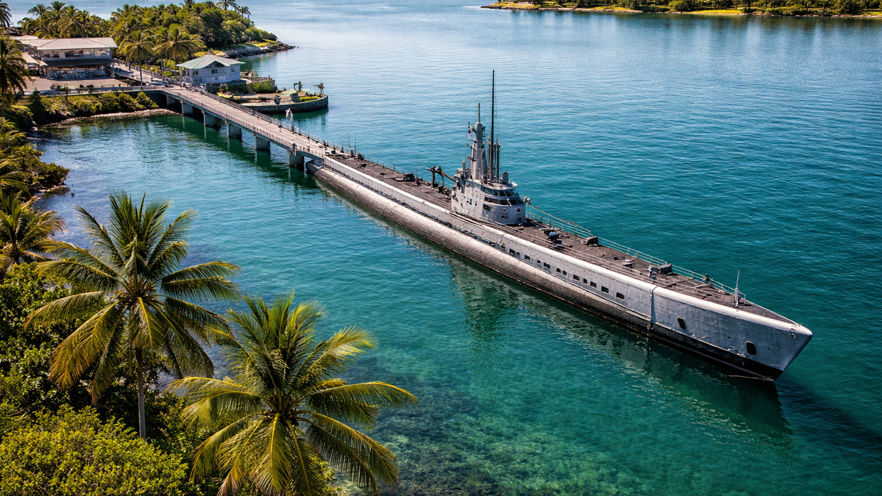 Vista aérea del museo del submarino en Pearl Harbor