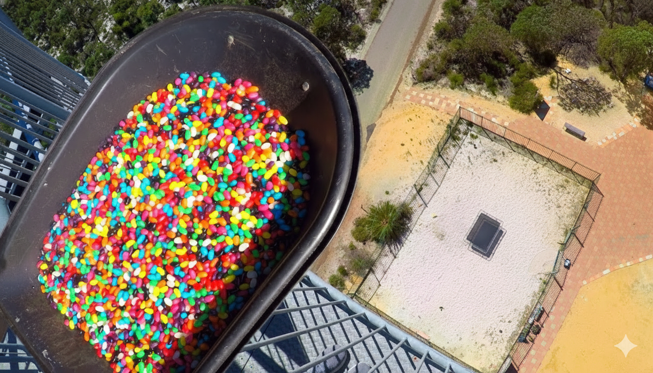 What happens when 20,000 jelly beans hit a trampoline from 150 feet