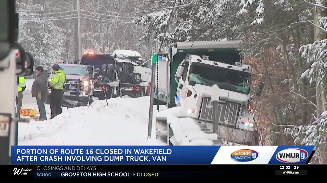 Part of Route 16 closed after crash involving dump truck, van